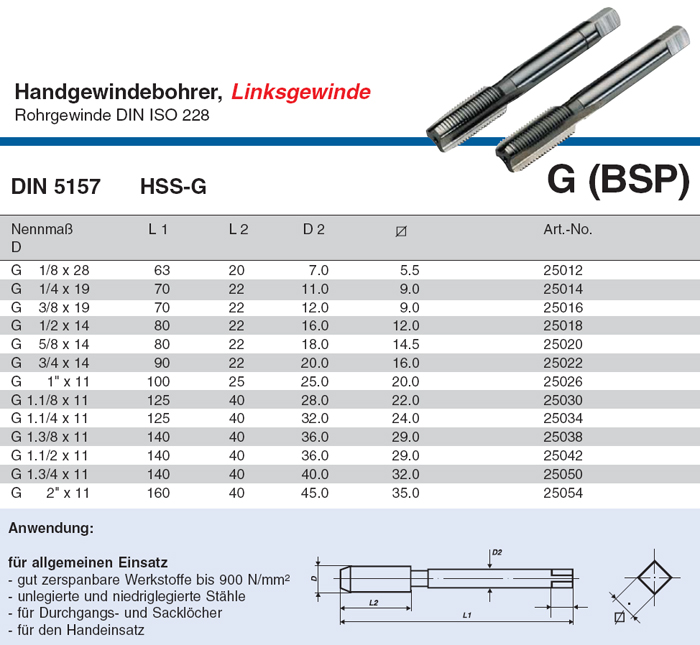 VÖLKEL Handgewindebohrer G 1/8-2", Linksgewinde, HSS-G, als Satz