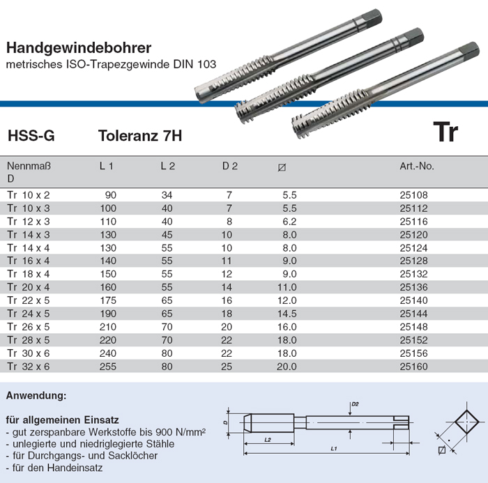 VÖLKEL Handgewindebohrer Tr 10 - 32, HSS-G, Toleranz 7H, als Satz