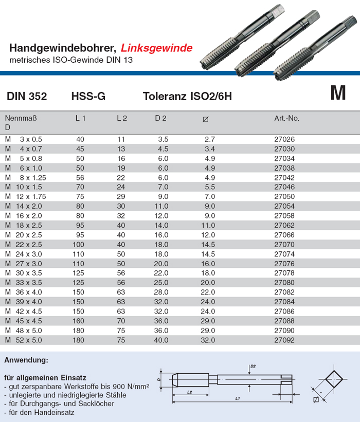 VÖLKEL Handgewindebohrer M 3 - 52, DIN 352, Linksgewinde, HSS-G, als Satz