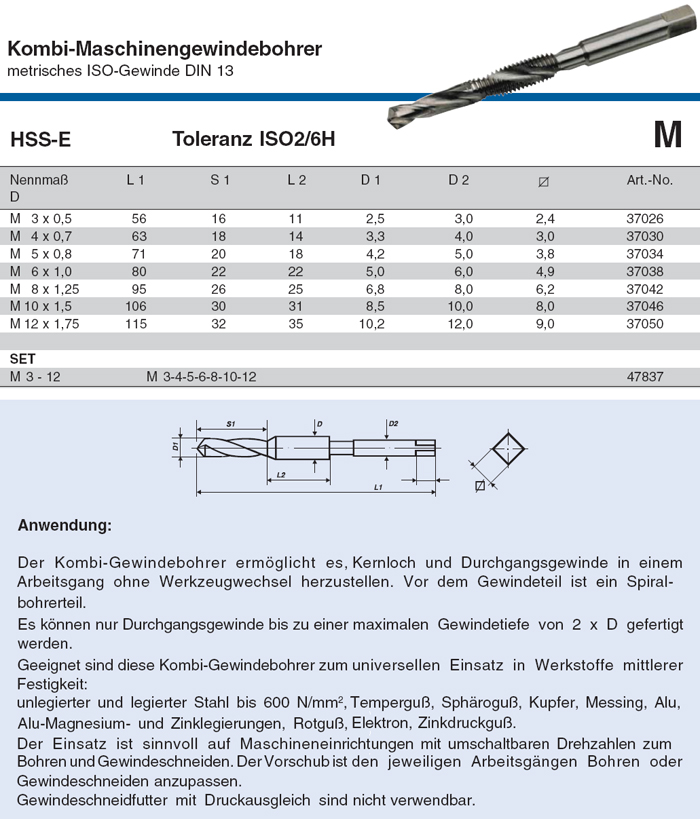 VÖLKEL Kombi-Machinengewindebohrer, M 3 - 12, HSS-G, metrisches ISO-Gewinde DIN 13