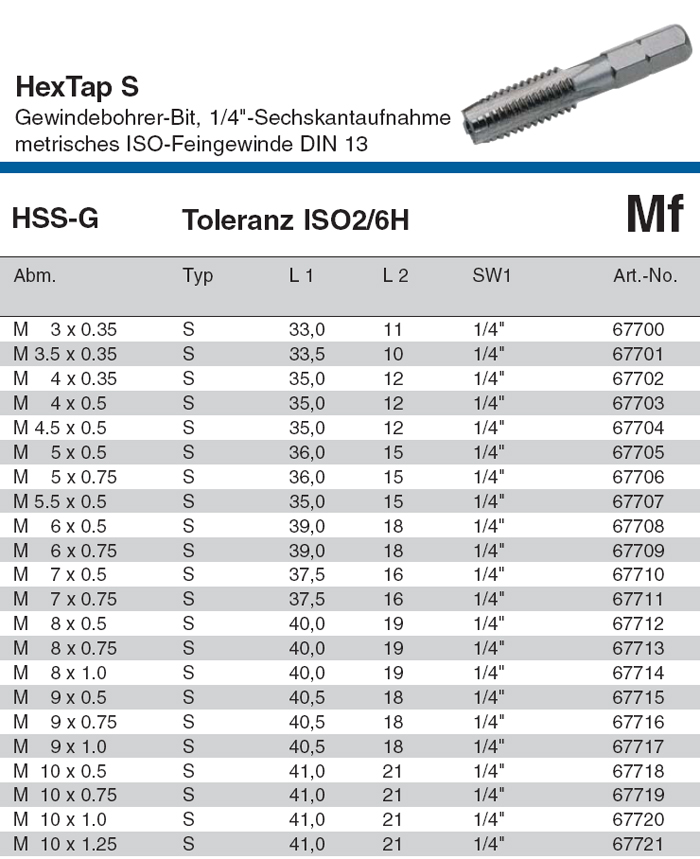 VÖLKEL Gewindebohrer-Bit, 1/4"-Sechskantaufnahme, Mf 3-10, HSS-G, metrisches ISO Feingewinde DIN 13