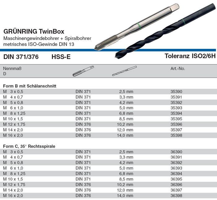 GRÜNRING-Maschinengewindebohrer plus Spiralbohrer, M3-M16