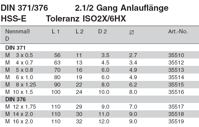 M 3 - 16, HSS-E, Toleranz ISO2X/6HX, ISO-Gewinde DIN 13