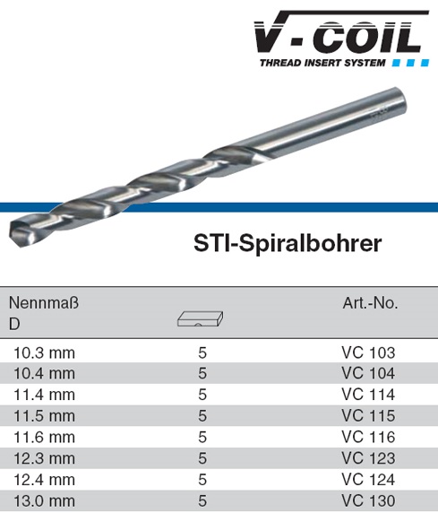 VÖLKEL STI-Spiralbohrer (5er Pack), 10,3-13,0 mm, zur Kernlochbohrung